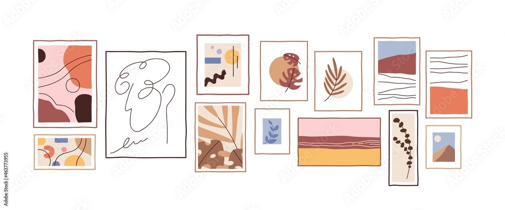 Contemporary wall art composition with framed abstract posters ...