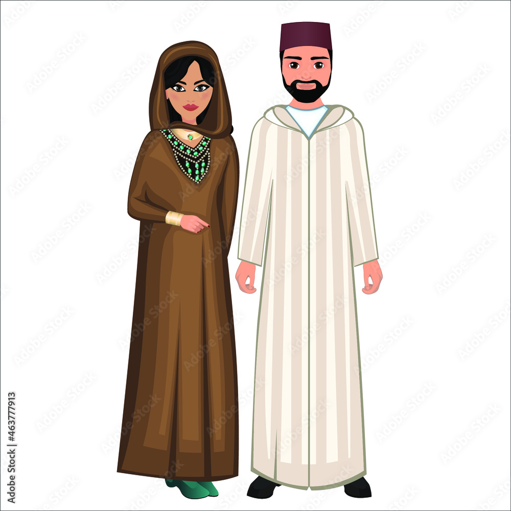 Woman and man in folk national Moroccan costumes. Vector illustration ...