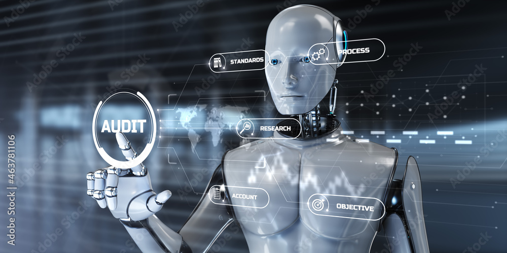 Audit Robotic process automation RPA concept. Robot pressing button on screen 3d render ...