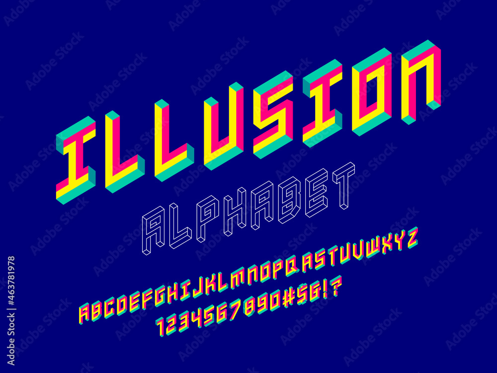 Optical illusion style alphabet design with uppercase, numbers and ...
