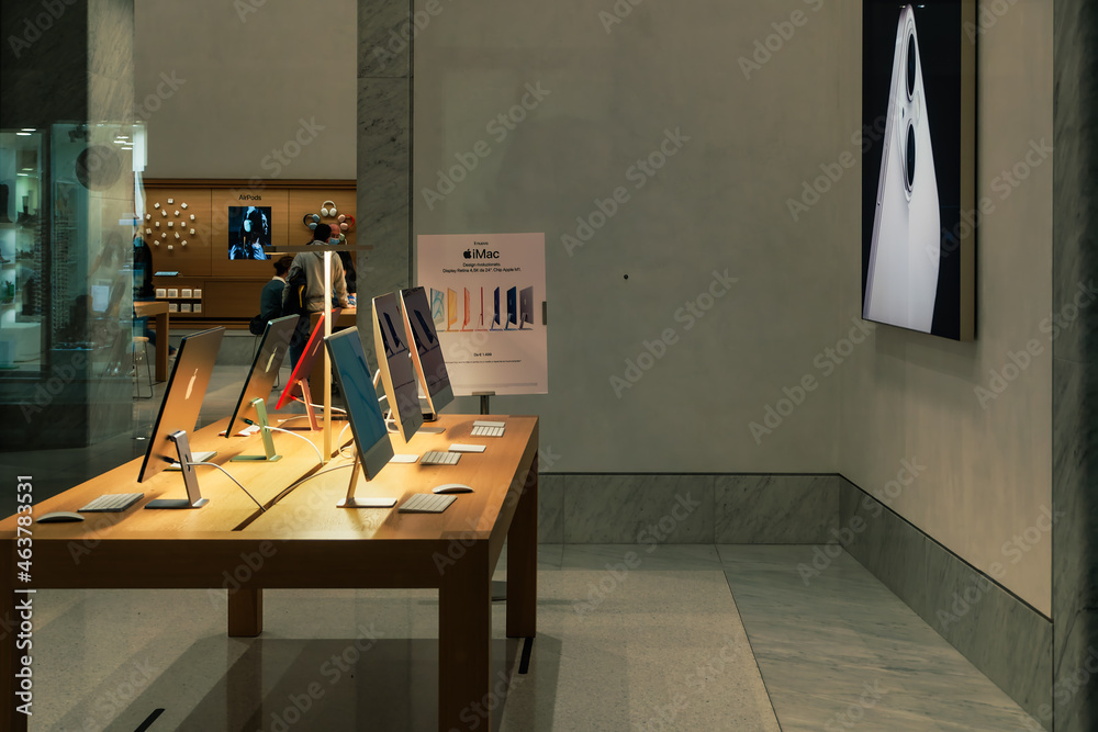 Rome, Italy Apple store exterior with iMac on display. Street view ...