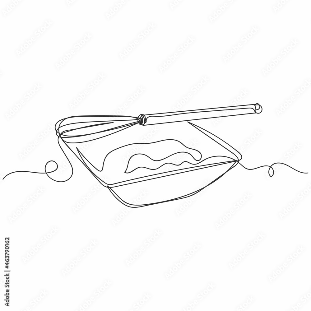 Vector continuous one single line drawing of cream in bowl with whisk ...