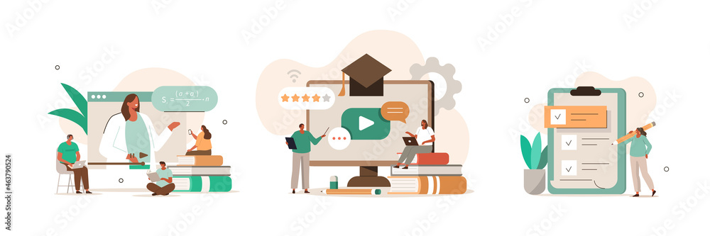 Various online education scenes. Students having video call with ...