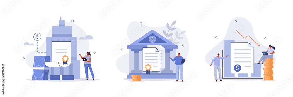 Various finance and investment scenes. Business characters purchasing ...