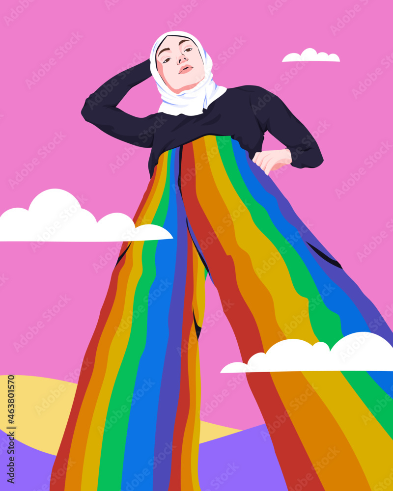 Woman standing in hijab wearing LGBTQ+ rainbow trousers Stock Vector ...