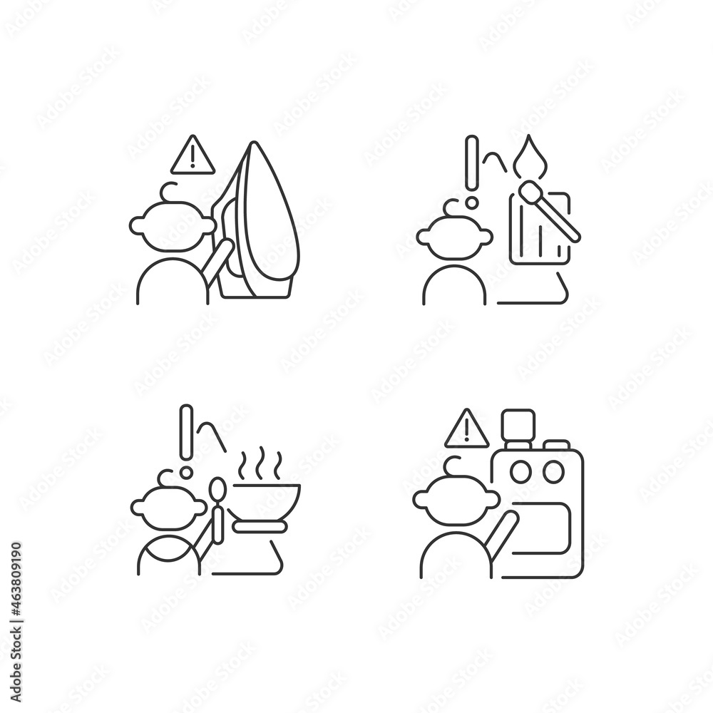 Skin burns danger linear icons set. Fire and injuries prevention ...