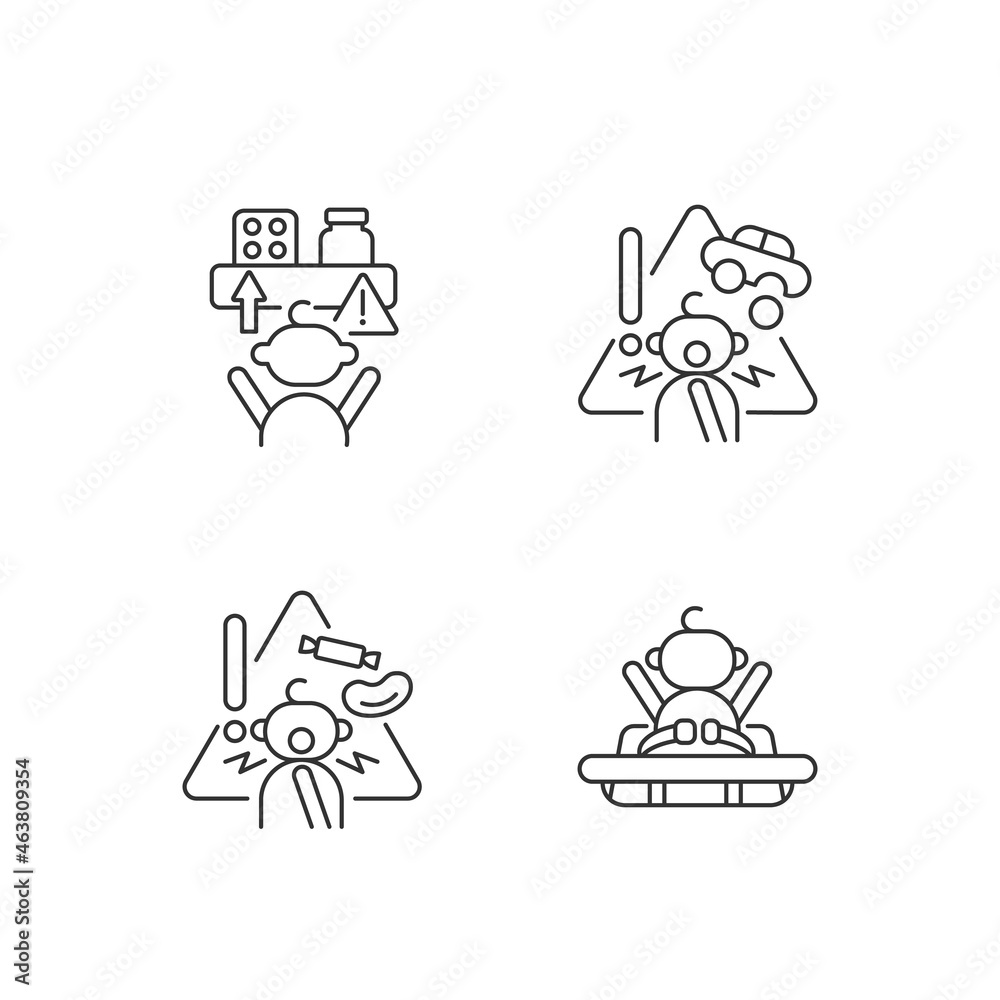 Poisoning and suffocation prevention linear icons set. Choking hazard ...