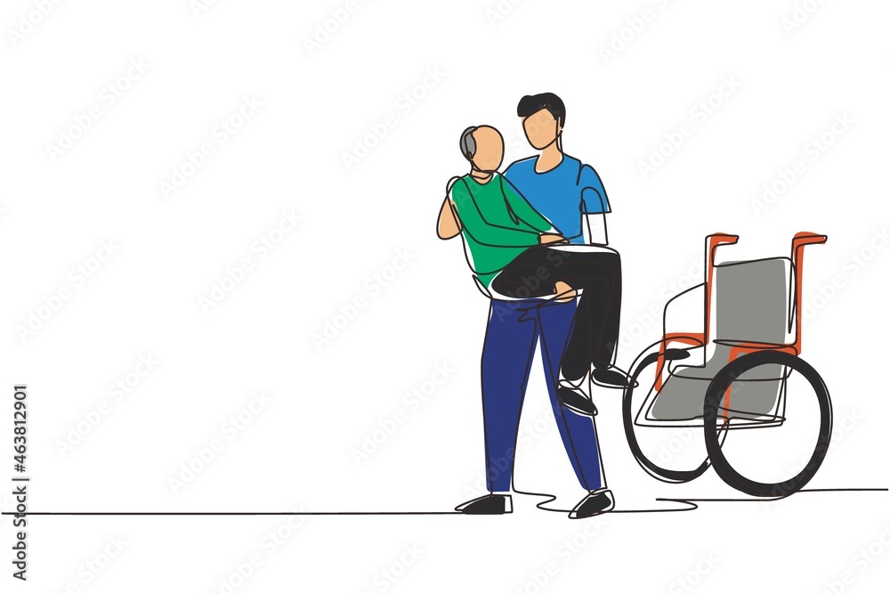 Single continuous line drawing loving son took his old disabled father ...