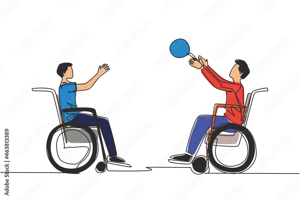 Single continuous line drawing joyful disabled young man in wheelchair ...