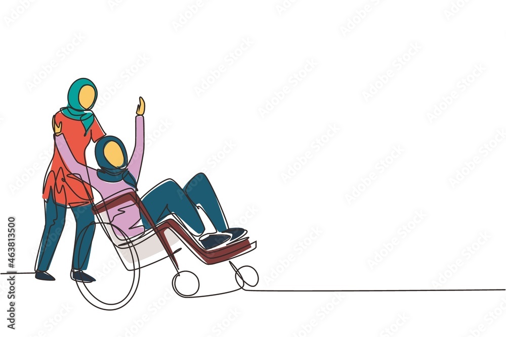 Single continuous line drawing young Arab female volunteer helps ...