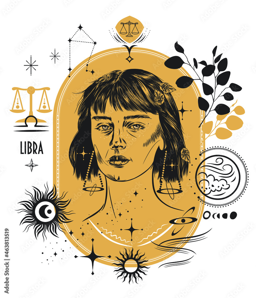 Zodiac sign Libra, the element air. Vector illustration with a portrait ...