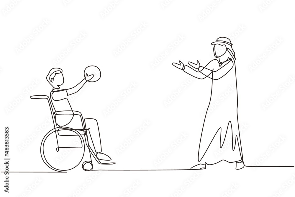 Single one line drawing joyful disabled young Arabian man in wheelchair ...