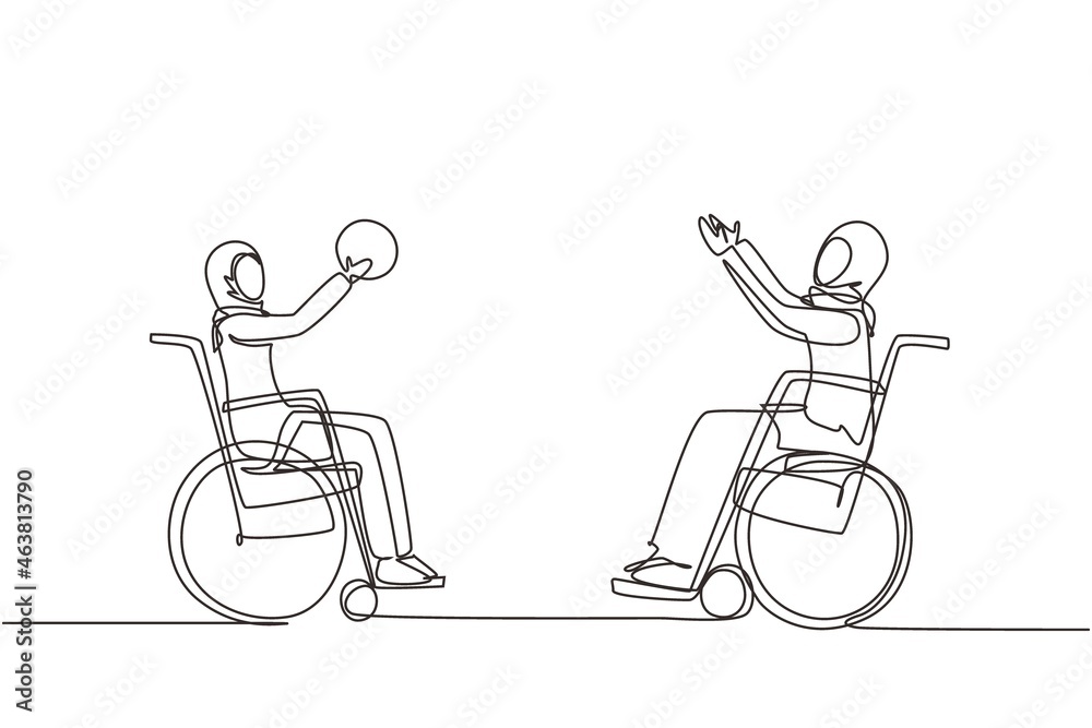 Continuous one line drawing joyful disabled young Arabian woman in ...