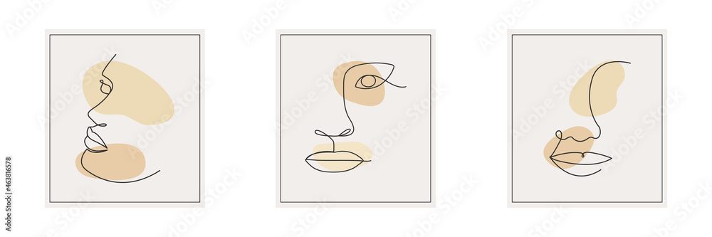 Continuous line girl head set. One line woman drawing face collage ...