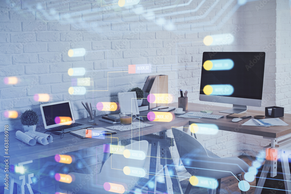 Double exposure of data theme drawing and office interior background ...