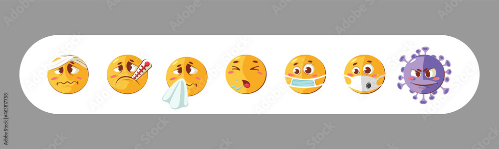 Vector round yellow cartoon emoticons sick in mask, temperature ...