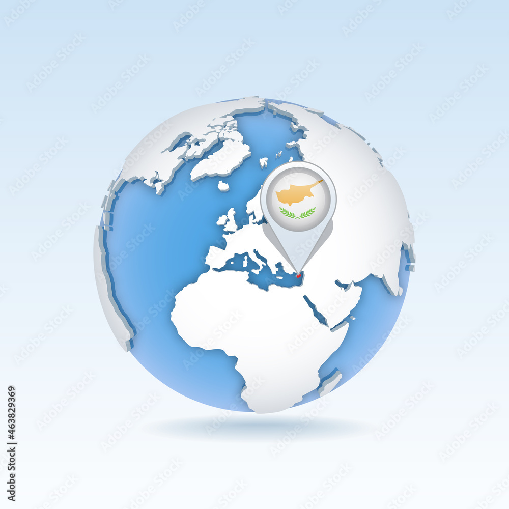 Cyprus - country map and flag located on globe, world map. เวกเตอร์ ...