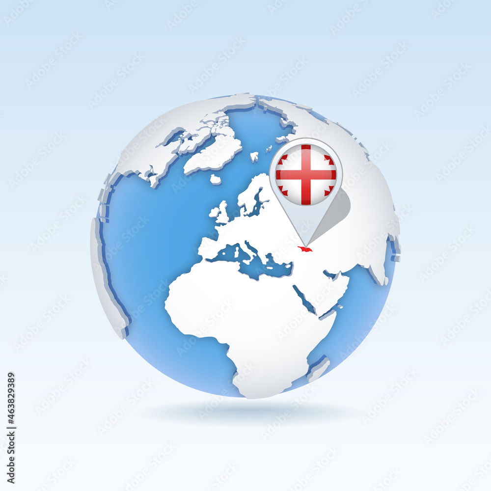 Georgia - country map and flag located on globe, world map. Stock ...