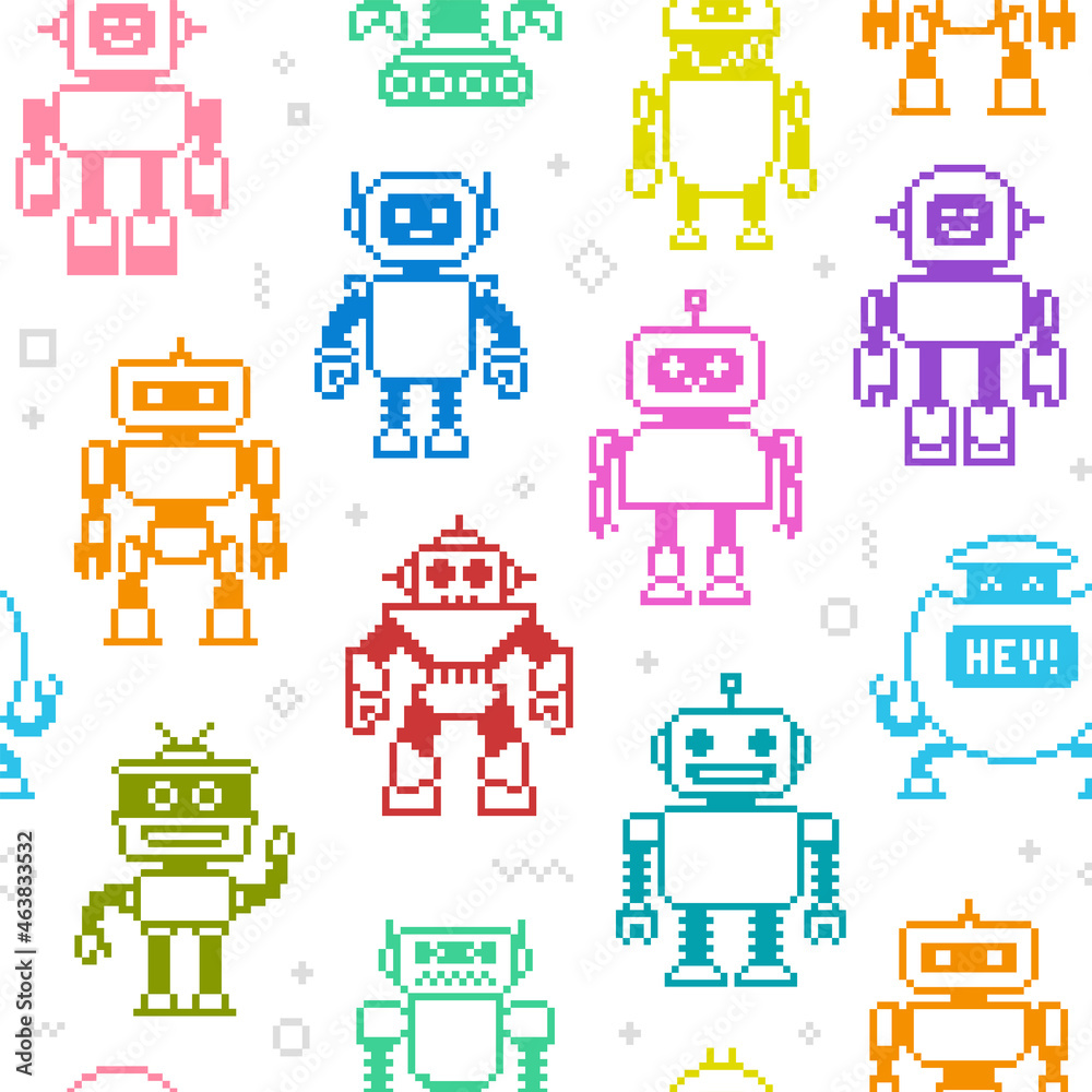 Pixel art Robots colorful vector seamless pattern. Cartoon Robots in 8 ...