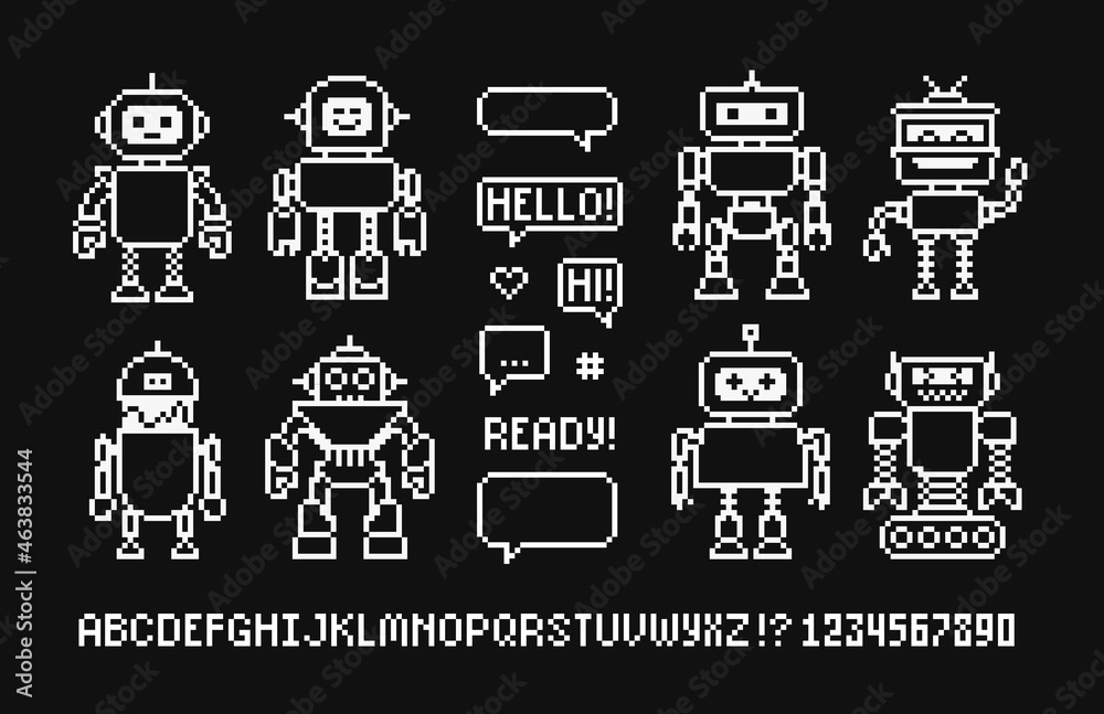 Stockvektorbilden Pixel art cartoon robots icons isolated vector ...