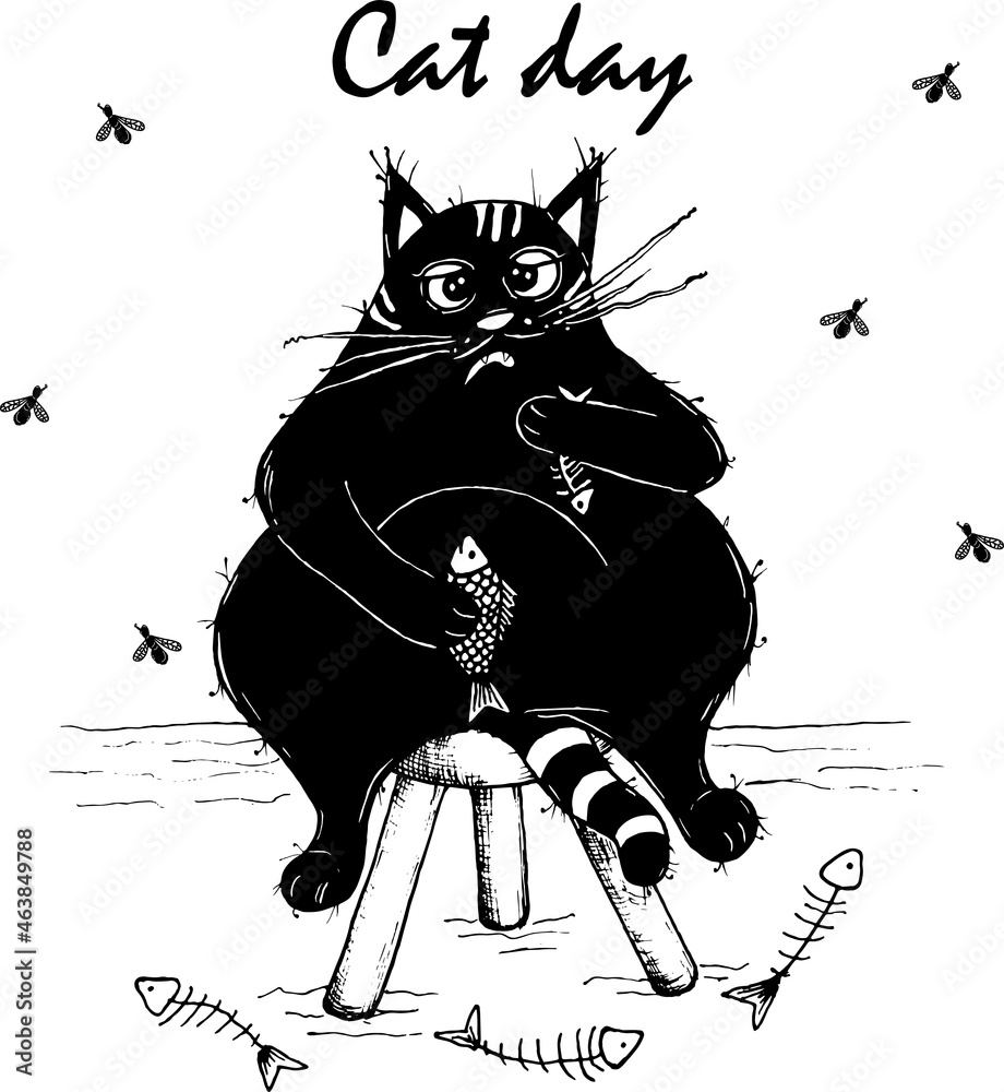Cat Day. A big fat cat, eating fish. Doodles, drawing, vector ...