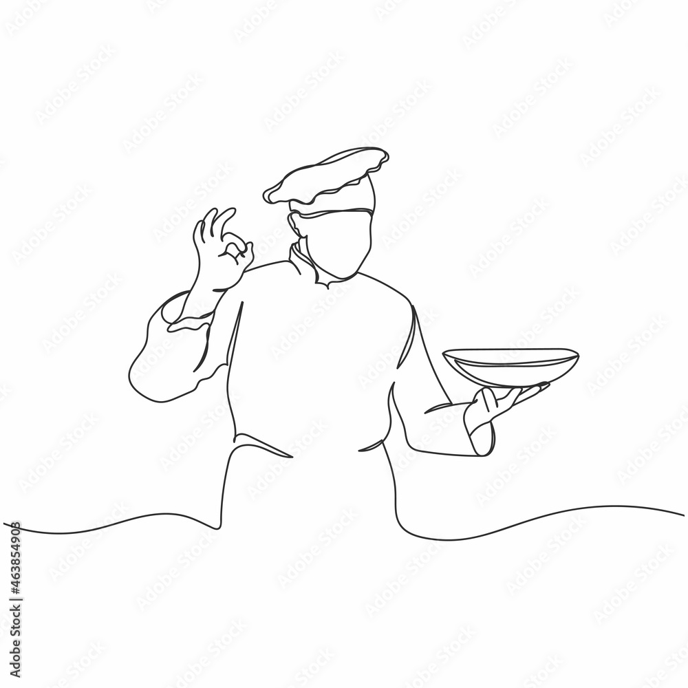 Vector continuous one single line drawing of chef in a suit uniform ...