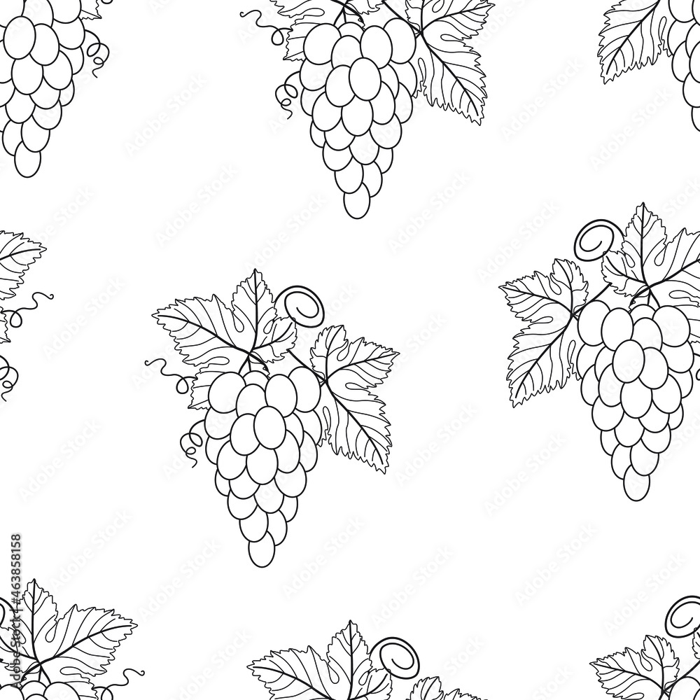 Grapes seamless vector, black outline, white background Stock Vector ...