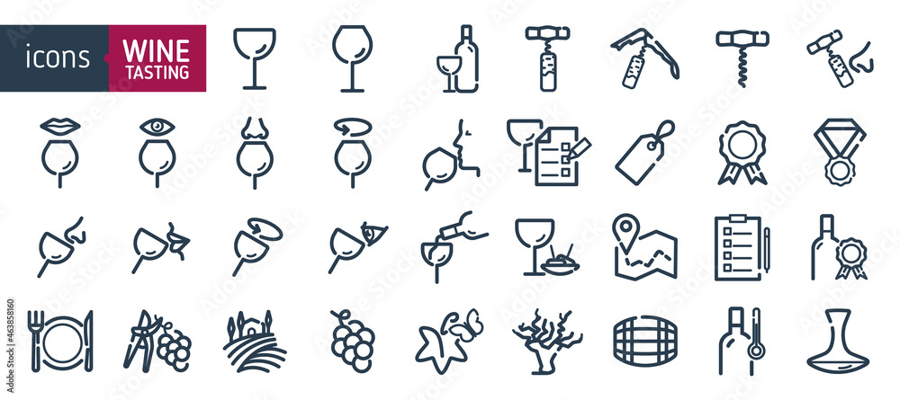 Wine icon set. Icons for professional wine tasting, savoring, looking ...