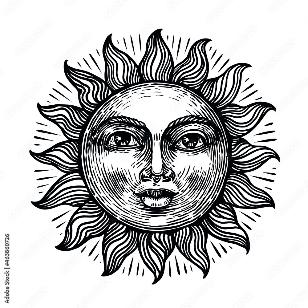 Hand drawn sun with face, decor element. Astrology symbol in vintage ...