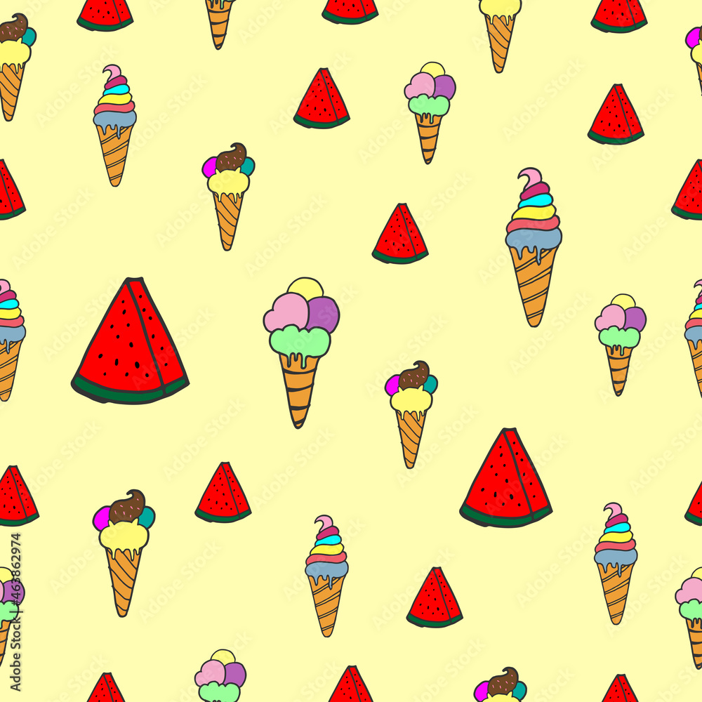 ice cream cone with watermelon slice illustration on yellow background ...