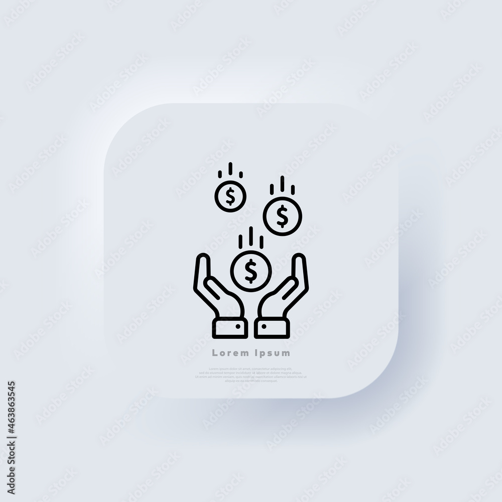 Coin in hands icon. Money. Finance. Banking. Neumorphic UI UX white ...