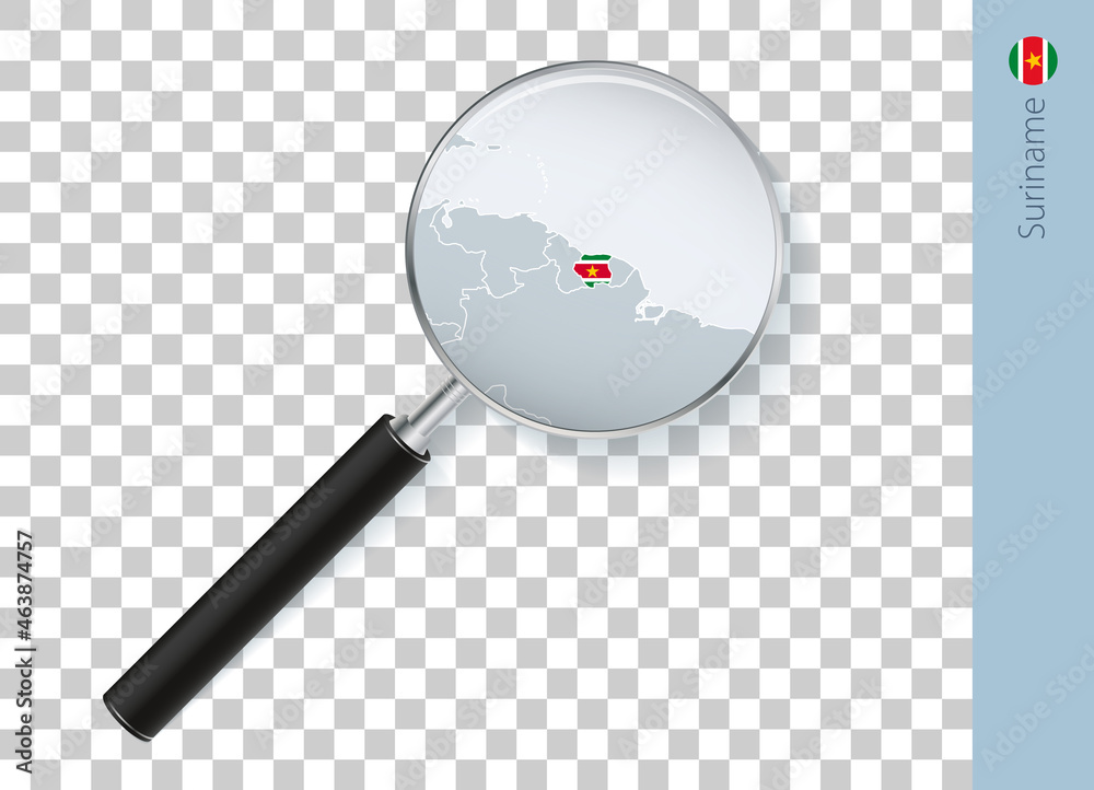 Suriname map with flag in magnifying glass on transparent background ...