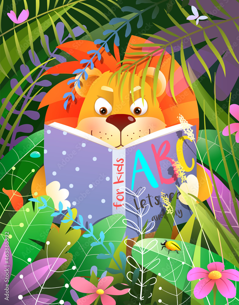 Lion reading a book story or fairy tale in tropical forest, cute baby ...