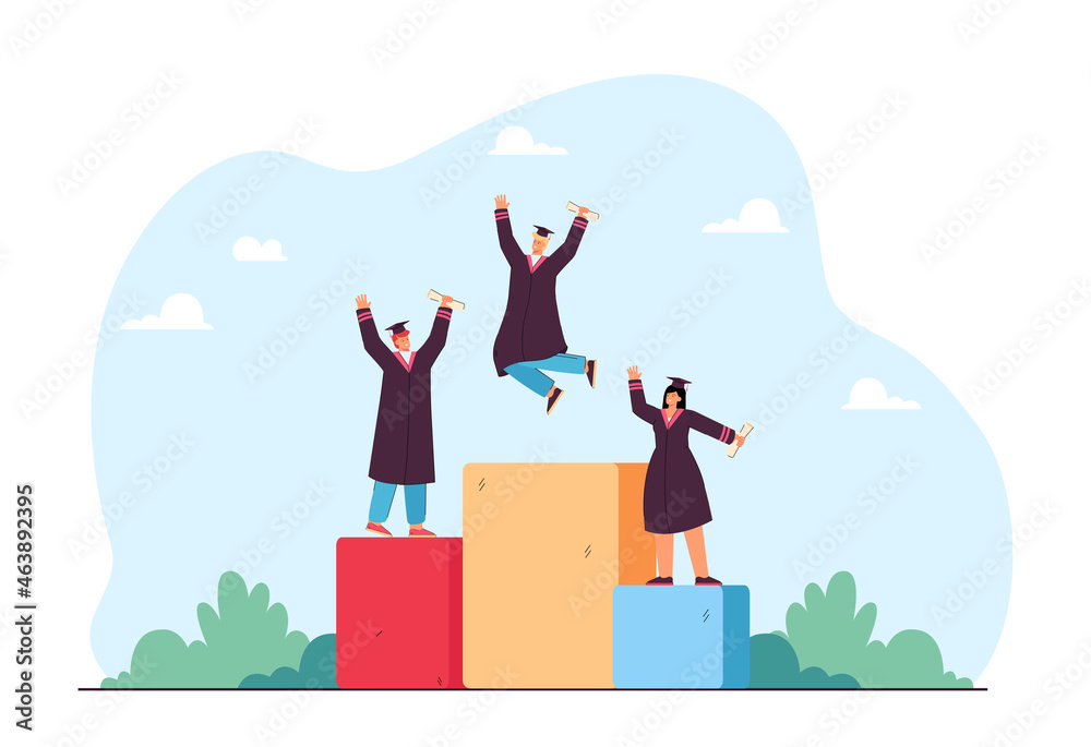 Graduating students wearing cap and gown standing on podium. Graduates ...