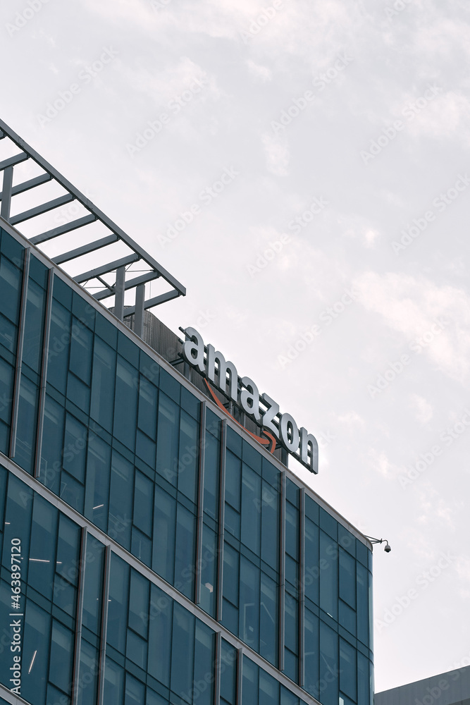 10.07.2021 Gdansk, Poland. Amazon on the office building. Amazon logo ...