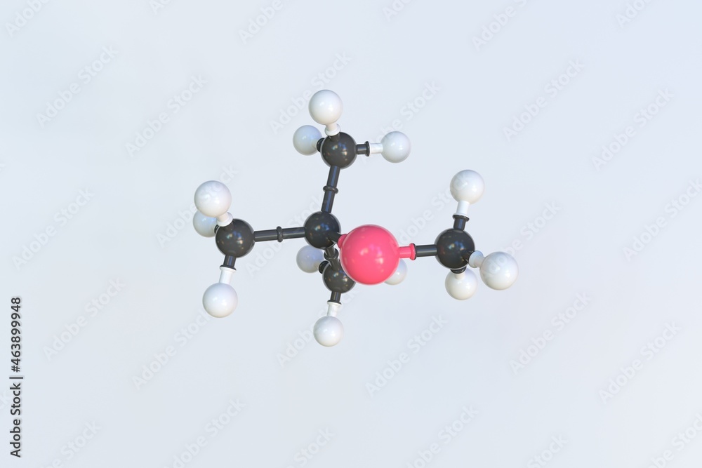 Molecule of methyl tert-butyl ether, isolated molecular model. 3D ...