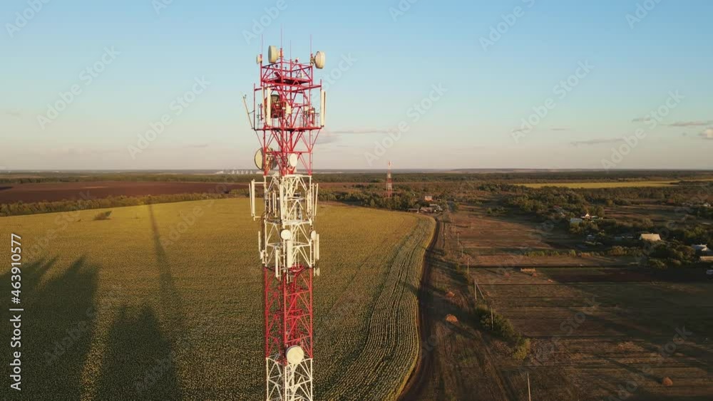 Telephone mast of cell site tower with 5G and 4G base station. Aerial ...
