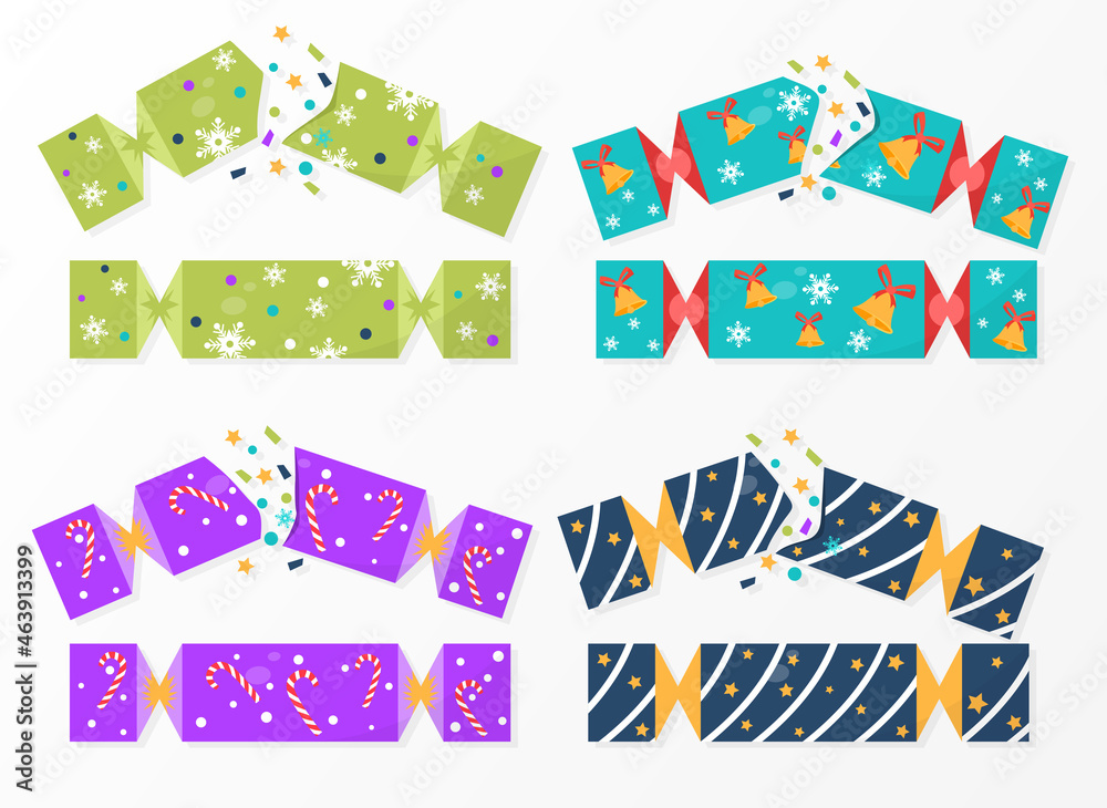 Set of colorful christmas cracker wrappings on white background ...