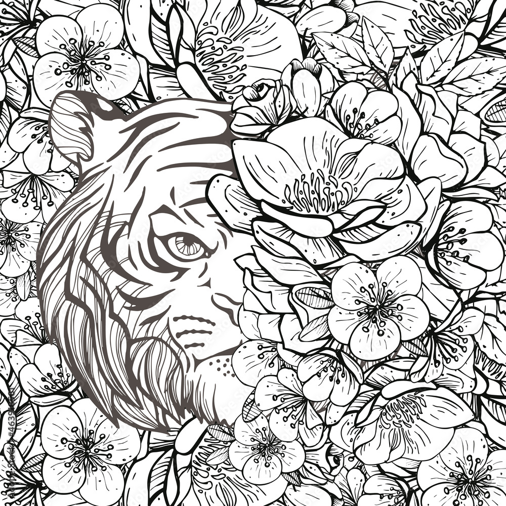 Colouring pictures with a tiger and flower. Art therapy coloring page ...