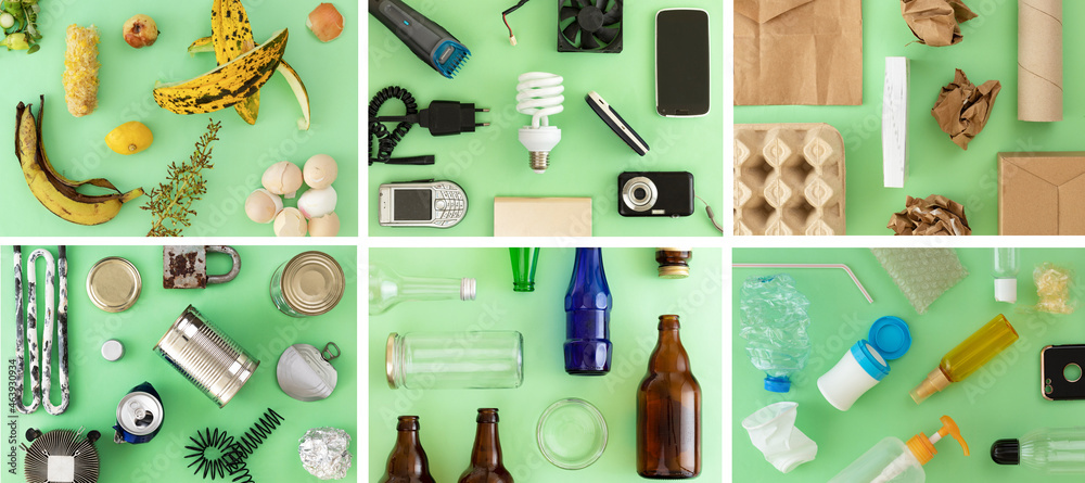 Photo collage or collection of different types of waste materials on ...