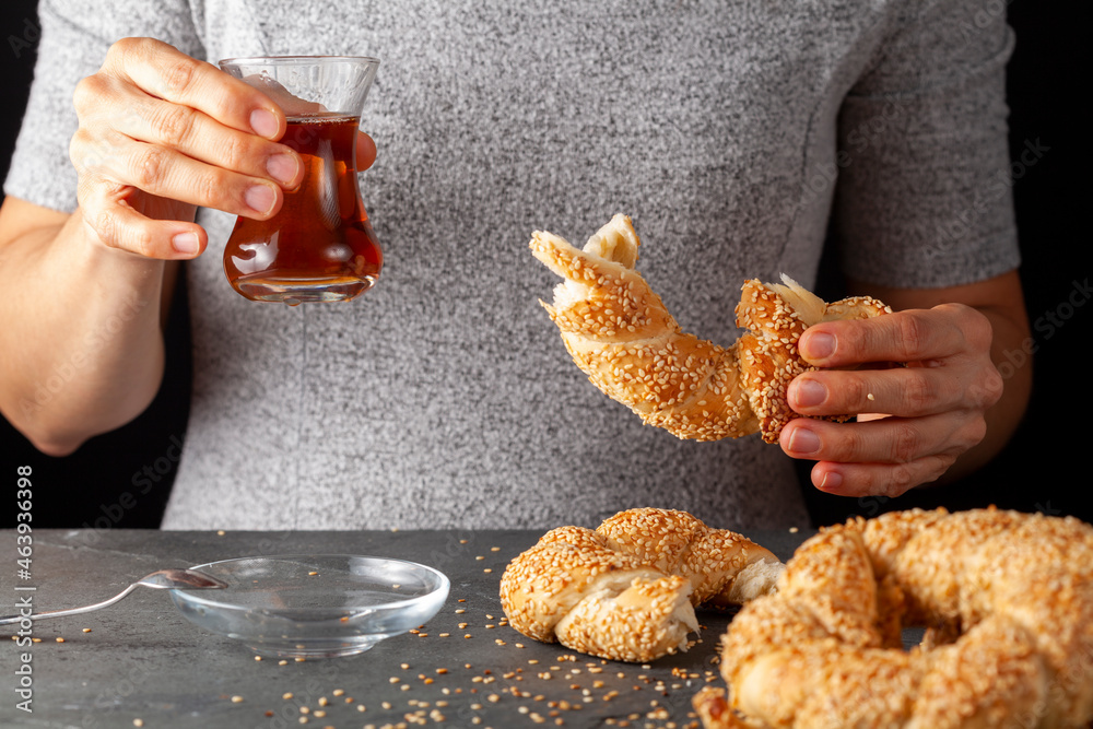 delicious Turkish bagel with sesame seeds known as susamli simit. A ...