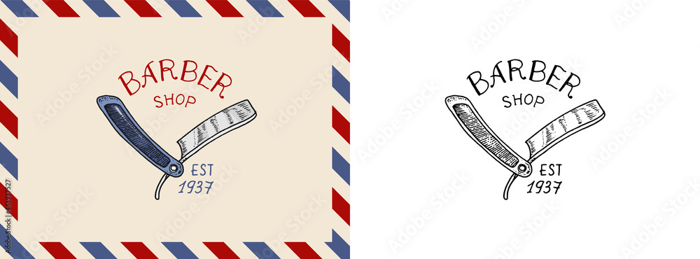 Straight razor. Barber shop badge and label, logo and hipster emblems ...