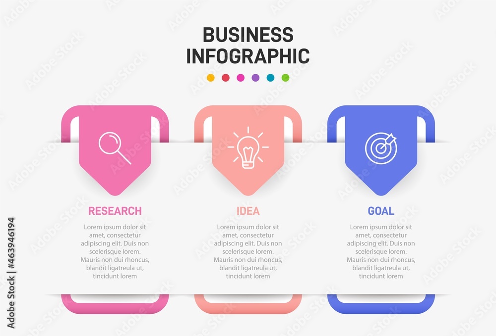 Concept of arrow business model with 3 successive steps. Three colorful ...