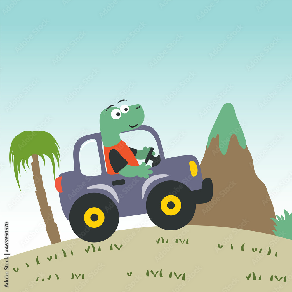 Cute little dinosaur driving a car go to forest funny animal cartoon ...