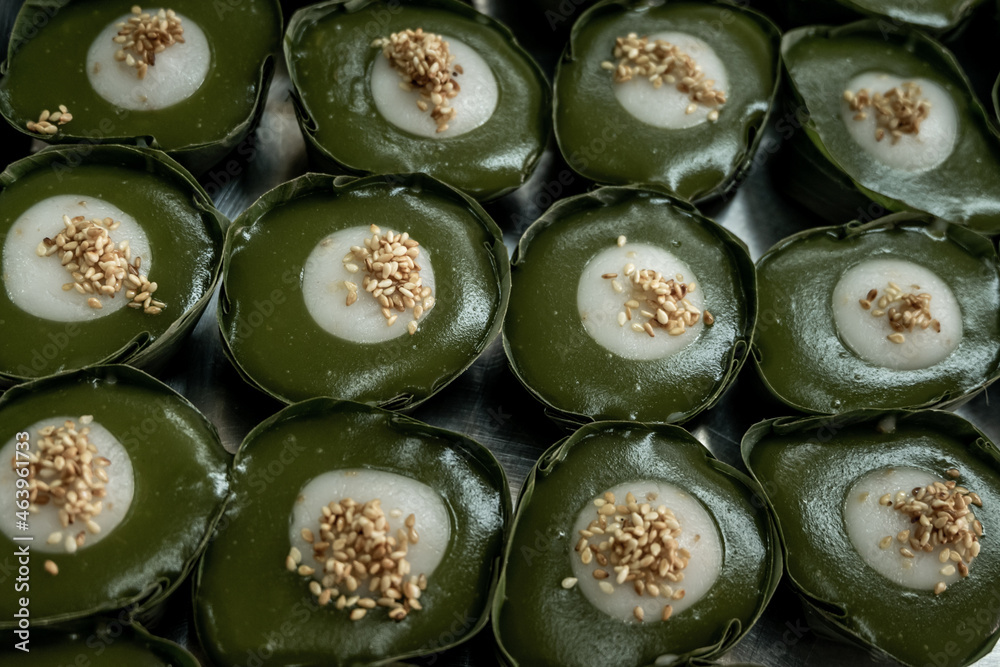 Thai Dessert Pandan Sweet Pudding (Kanom Piak Poon Bai Toey) in Sweet ...
