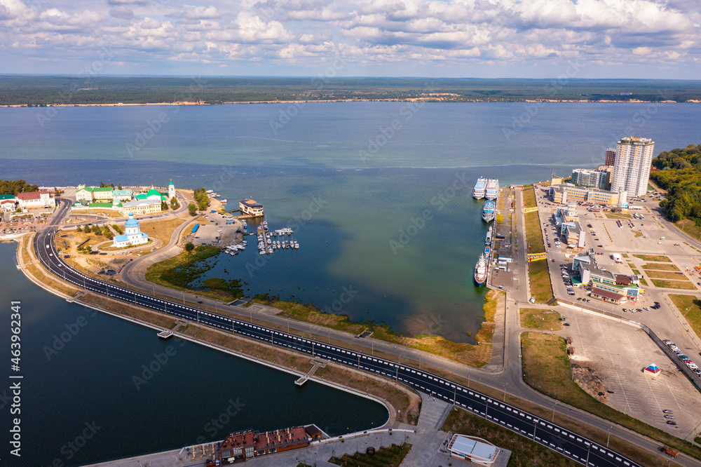Cityscape of Cheboksary with view of river port and Holy Trinity ...