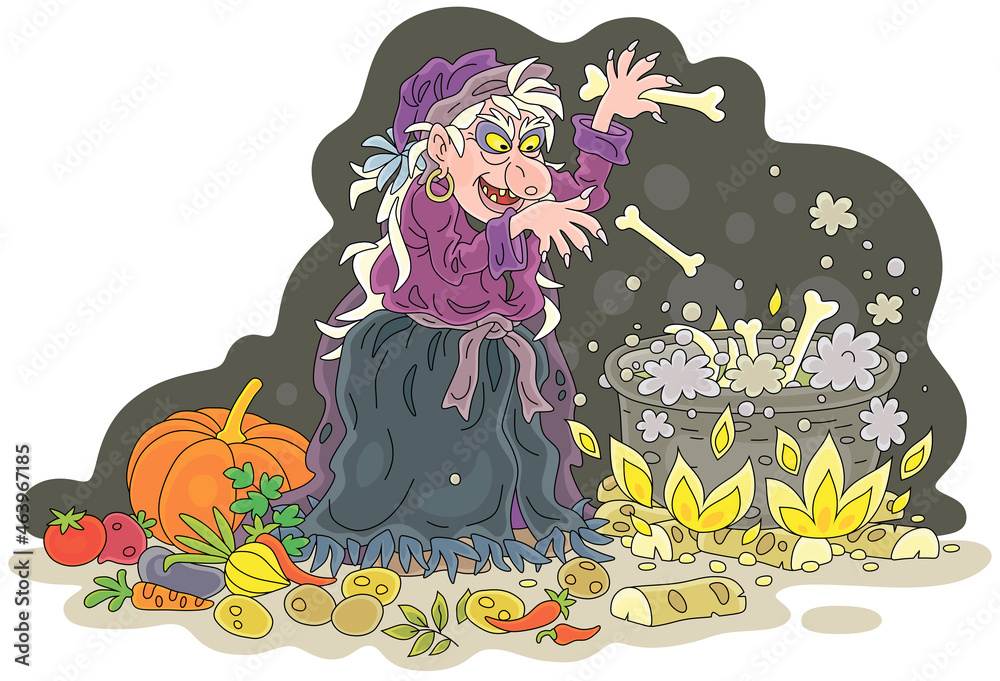 Angry old witch whispering her spells and cooking a tasty soup with ...