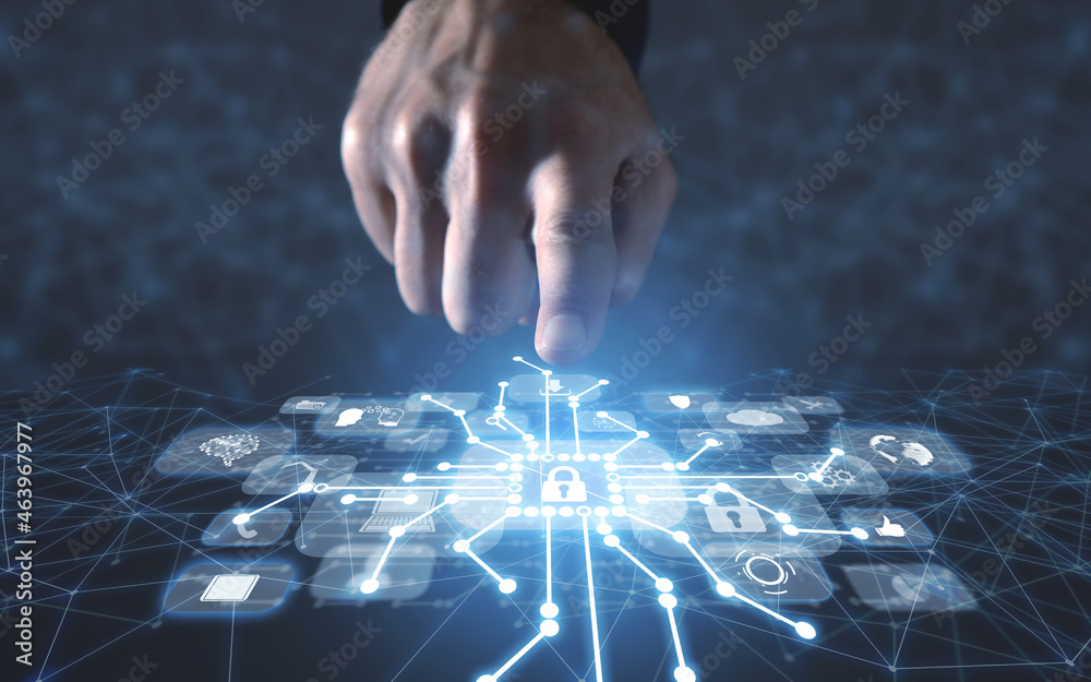 Male hand pushing in network and digital icons. Data protection ...