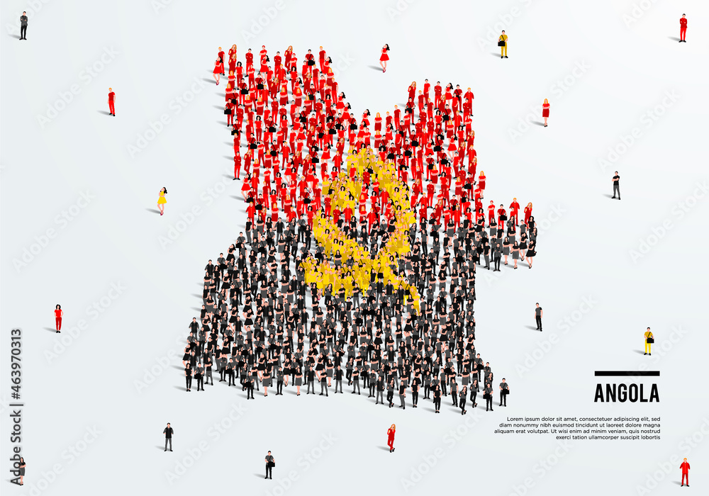 Angola Map and Flag. A large group of people in the Angola flag color ...