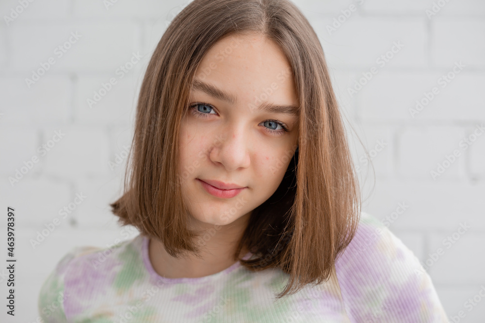 Face of a teenage girl in close up. Teen with problematic skin. Girl ...